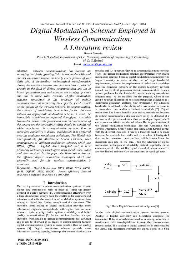 Pdf Digital Modulation Schemes Employed In Wireless Communication A