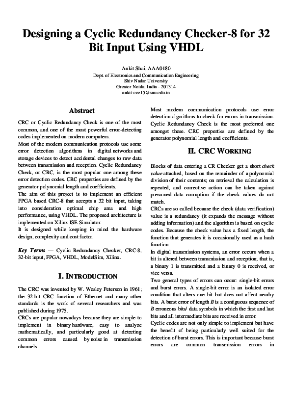 (PDF) Designing a Cyclic Redundancy Checker-8 for 32 Bit Input Using VHDL