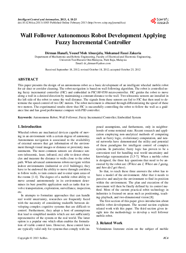 Pdf Wall Follower Autonomous Robot Development Applying Fuzzy Incremental Controller
