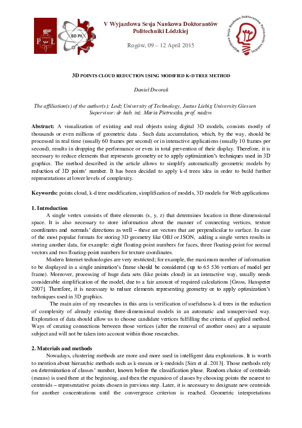 (PDF) 3D POINTS CLOUD REDUCTION USING MODIFIED K-D TREE METHOD