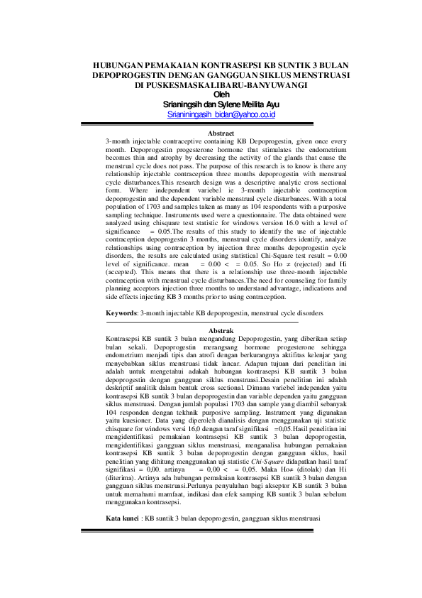 (PDF) HUBUNGAN PEMAKAIAN KONTRASEPSI KB SUNTIK 3 BULAN DEPOPROGESTIN DENGAN GANGGUAN SIKLUS ...
