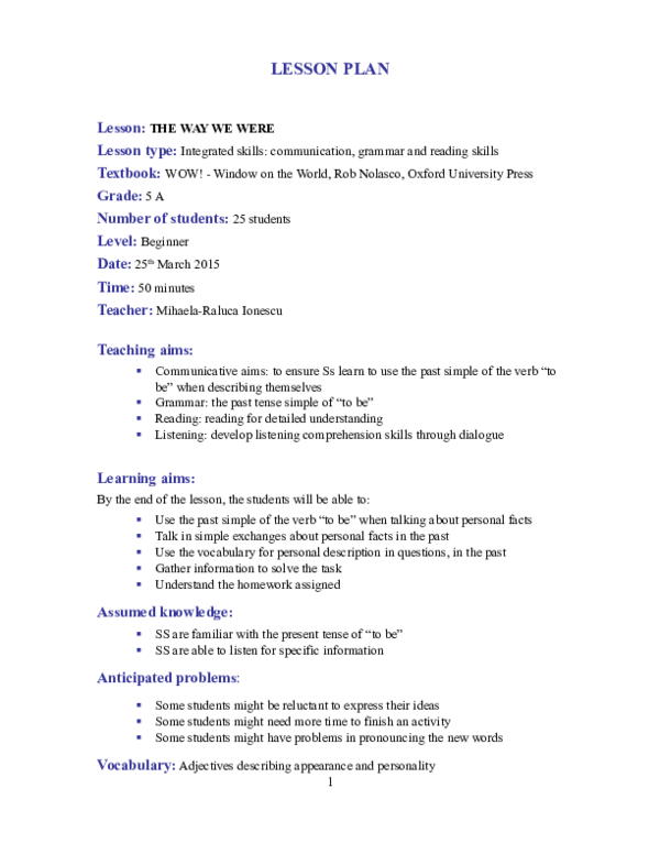 (DOC) LESSON PLAN Lesson: THE WAY WE WERE Lesson type: Grade: 5 A ...