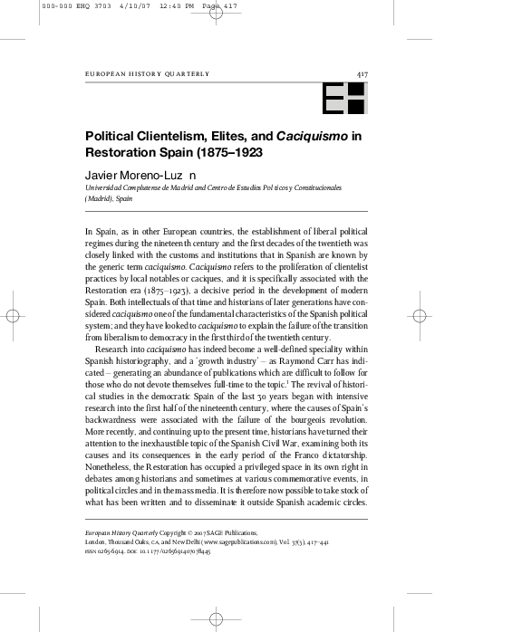 (PDF) Political Clientelism, Elites, and Caciquismo in Restoration ...