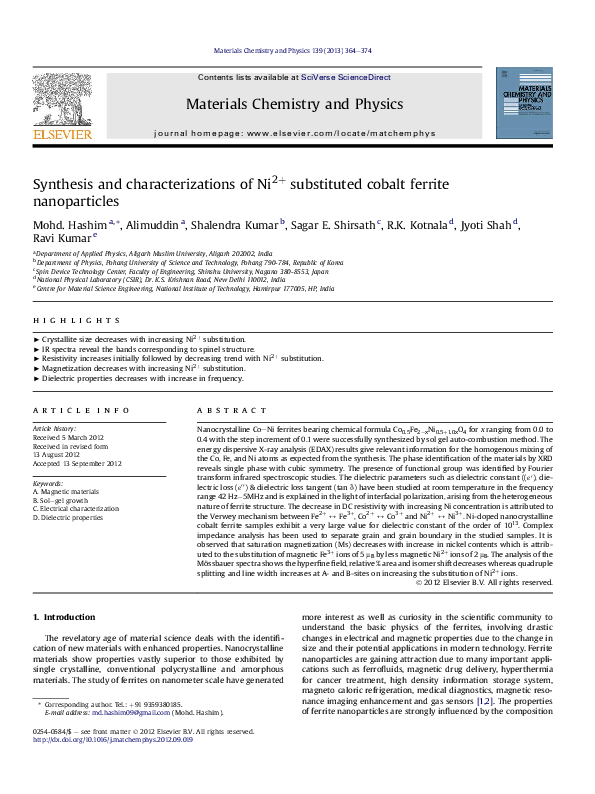 (PDF) Synthesis and characterizations of Ni2+ substituted cobalt ferrite nanoparticles