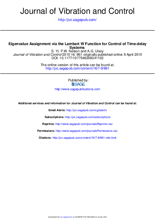 (PDF) Eigenvalue assignment via the Lambert W function for control of time-delay systems