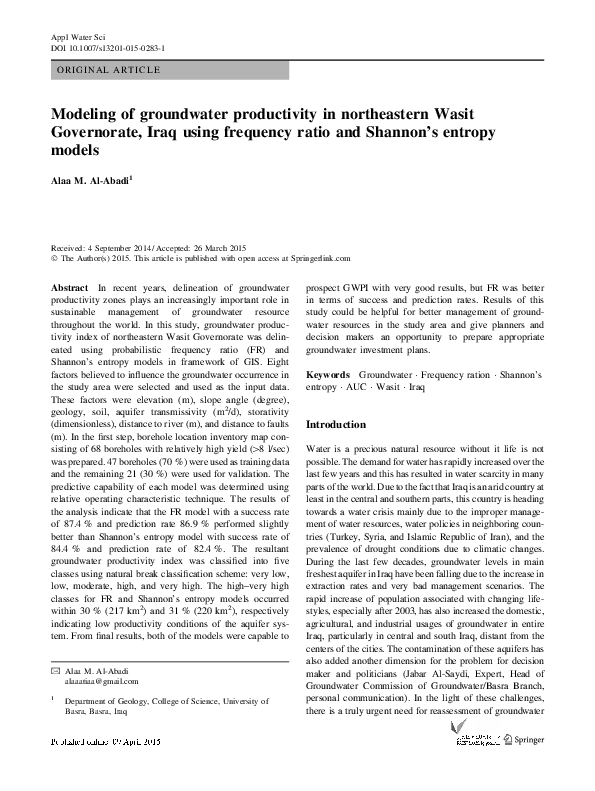 (PDF) groundwater potential mapping using frequency ratio and index of entropy