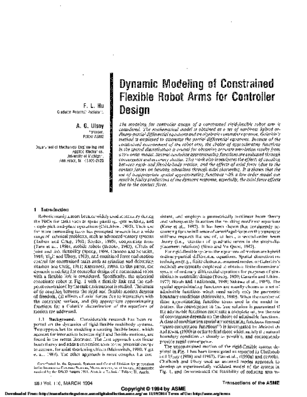 Pdf Dynamic Modeling Of Constrained Flexible Robot Arms For Controller Design
