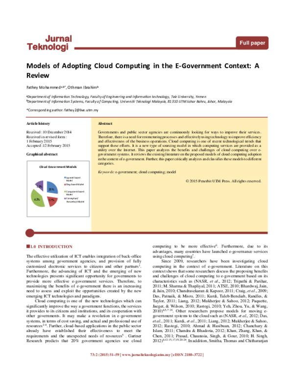 (PDF) Models of Adopting Cloud Computing in the E-Government Context: A Review