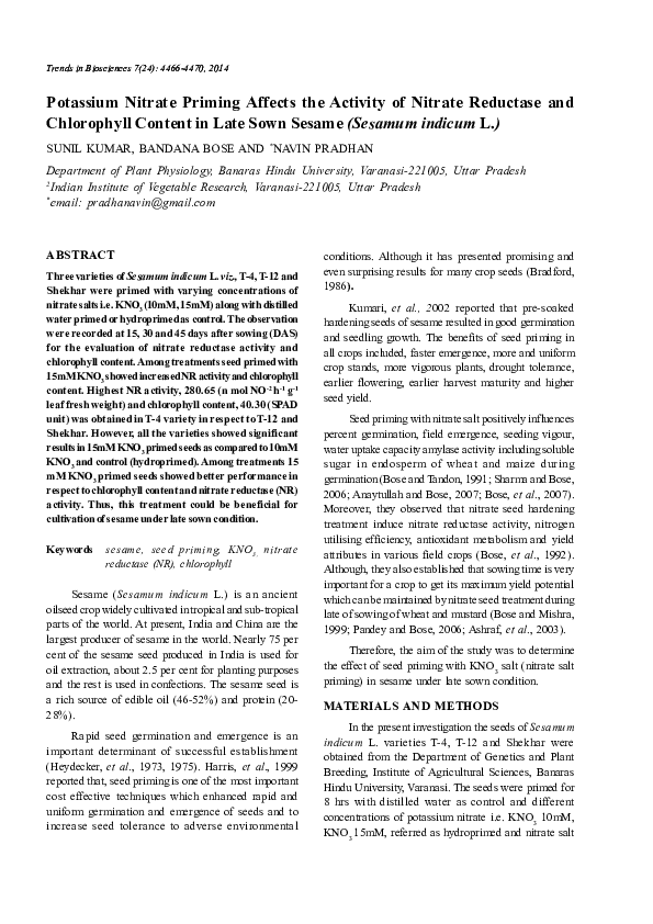 (PDF) Potassium Nitrate Priming Affects the Activity of Nitrate Reductase and Chlorophyll ...