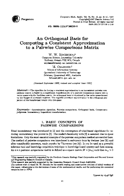 Pdf An Orthogonal Basis For Computing A Consistent Approximation To A Pairwise Comparisons Matrix
