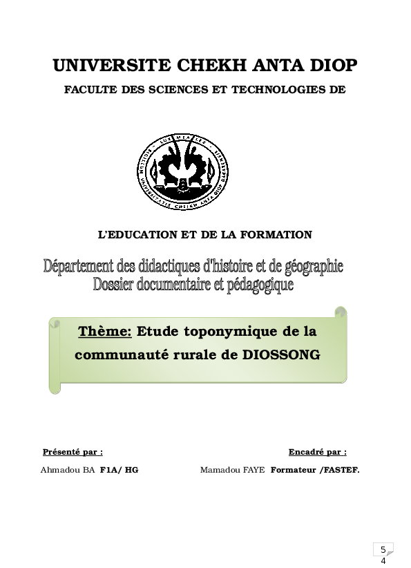 (DOC) UNIVERSITE CHEKH ANTA DIOP FACULTE DES SCIENCES ET TECHNOLOGIES DE L'EDUCATION ET DE LA ...