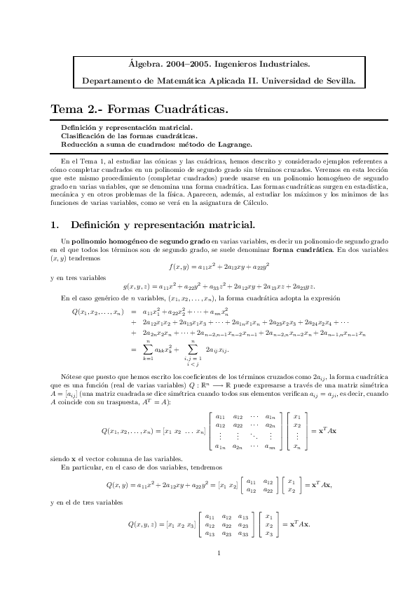 (PDF) Algebra. 2004–2005. Ingenieros Industriales. Departamento de Matem´ atica Aplicada II ...