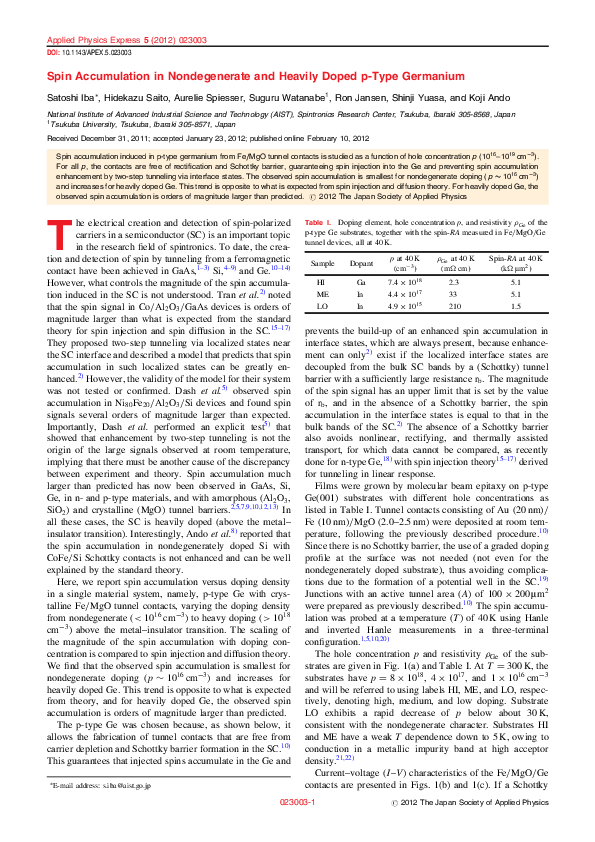 (PDF) Spin Accumulation in Nondegenerate and Heavily Doped p-Type Germanium