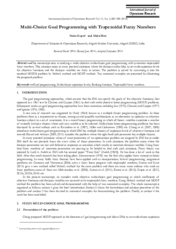 (PDF) Multi-Choice Goal Programming with Trapezoidal Fuzzy Numbers