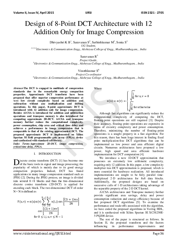 (PDF) Design of 8-Point DCT Architecture with 12 Addition Only for Image Compression