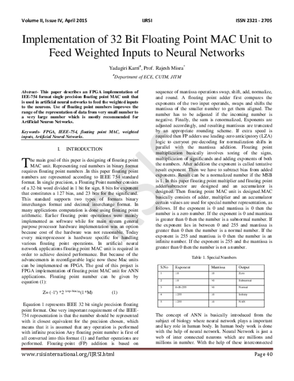 Pdf Implementation Of 32 Bit Floating Point Mac Unit To Feed Weighted Inputs To Neural Networks 