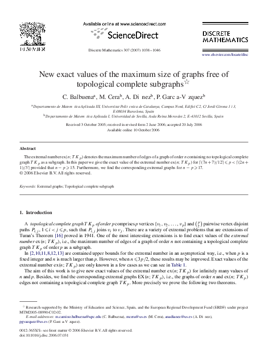 (PDF) New exact values of the maximum size of graphs free of topological complete subgraphs