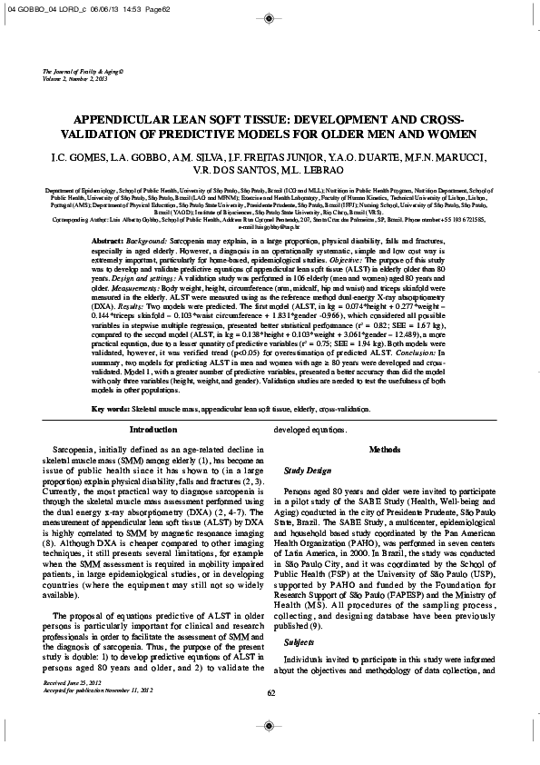 (PDF) Appendicular Lean Soft Tissue: Development and Crossvalidation of ...