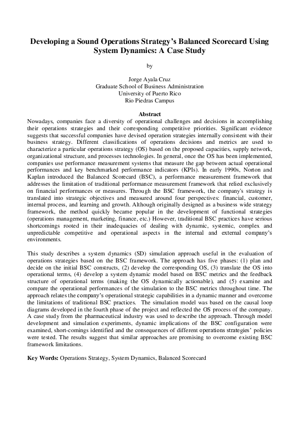 (PDF) Developing a Sound Operations Strategy's Balanced Scorecard Using ...