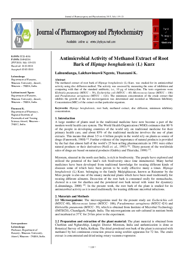 (PDF) Antimicrobial Activity of Methanol Extract of Root Bark of Hiptage benghalensis (L) Kurz