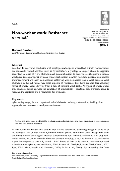 (PDF) Non-Work at Work: Resistance or What?
