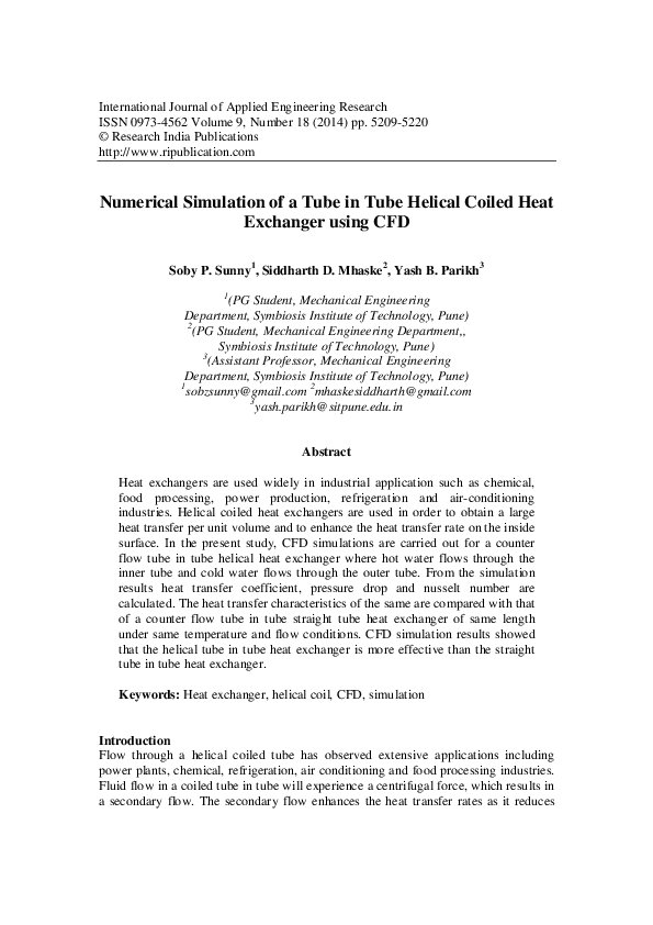(PDF) Numerical Simulation of a Tube in Tube Helical Coiled Heat ...