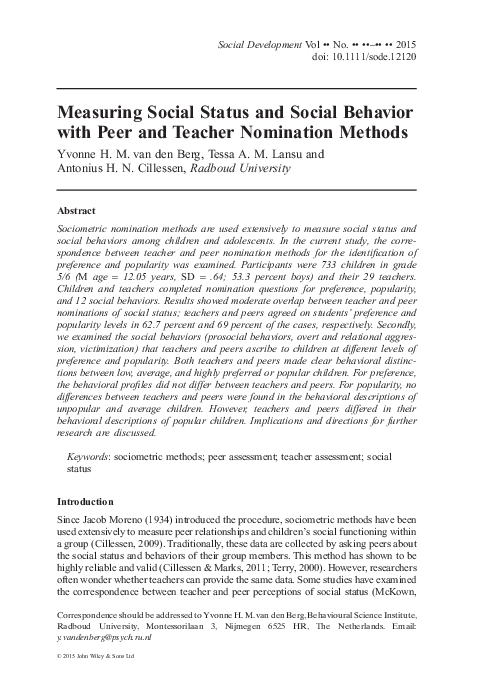 (PDF) Measuring Social Status and Social Behavior with Peer and Teacher ...
