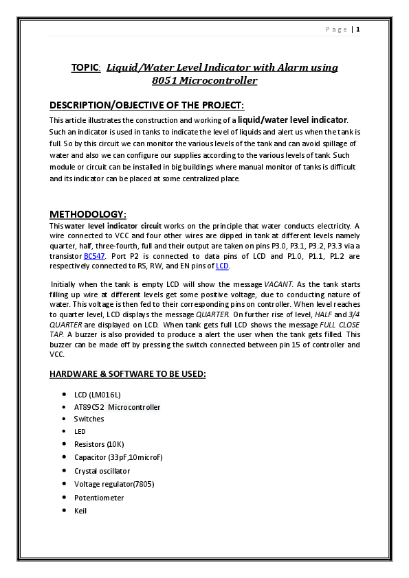 (PDF) Water level detector using 8051 microcontroller