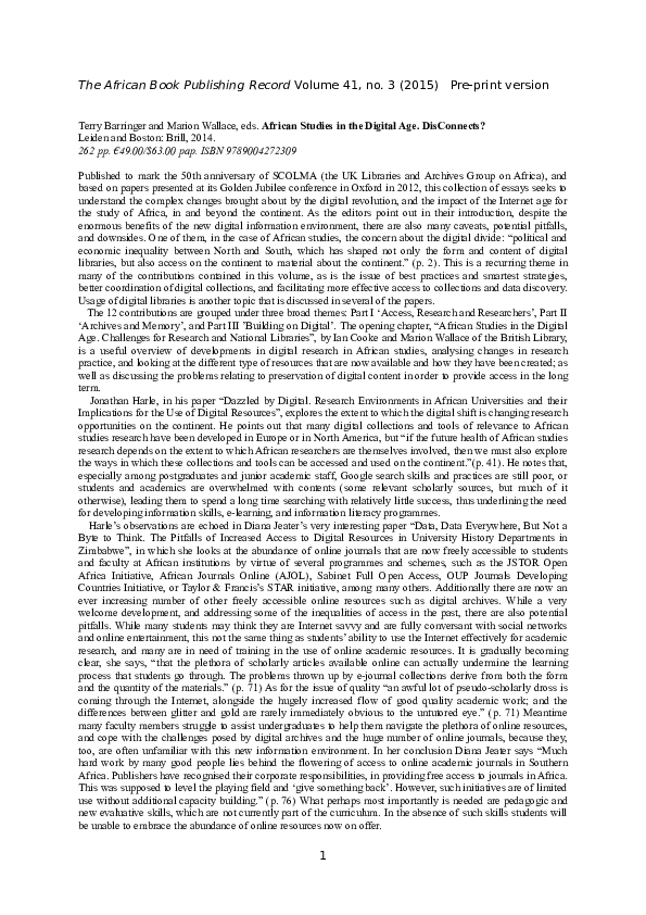 (DOC) African Studies in the Digital Age. DisConnects? Edited by Terry ...