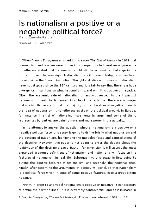 (DOC) Is nationalism a positive or a negative political force?