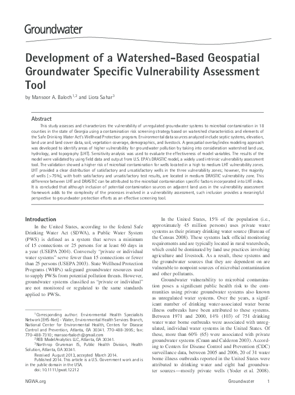 (PDF) Development of a Watershed‐Based Geospatial Groundwater Specific Vulnerability Assessment Tool
