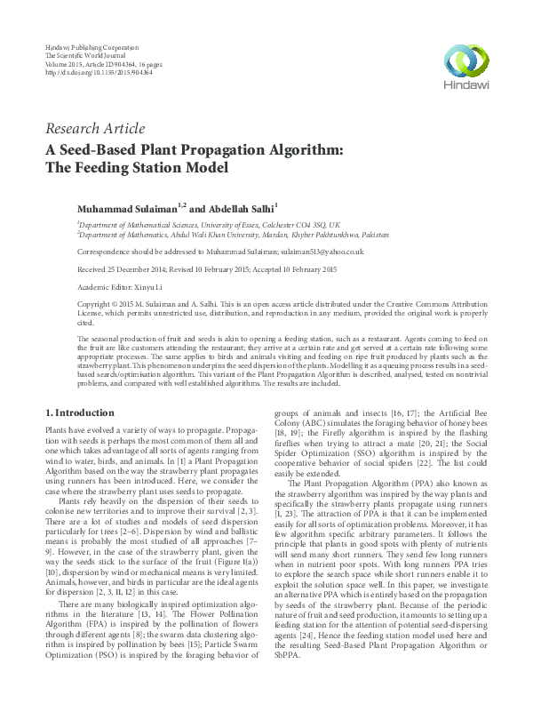 (PDF) A Seed-Based Plant Propagation Algorithm: The Feeding Station Model
