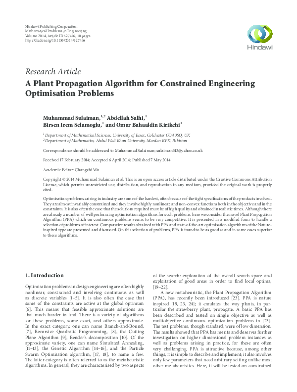 (PDF) A Plant Propagation Algorithm for Constrained Engineering