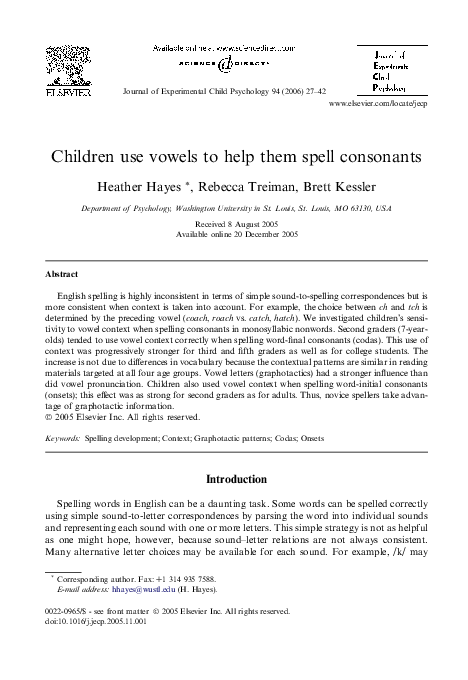 (PDF) Children use vowels to help them spell consonants | Rebecca ...