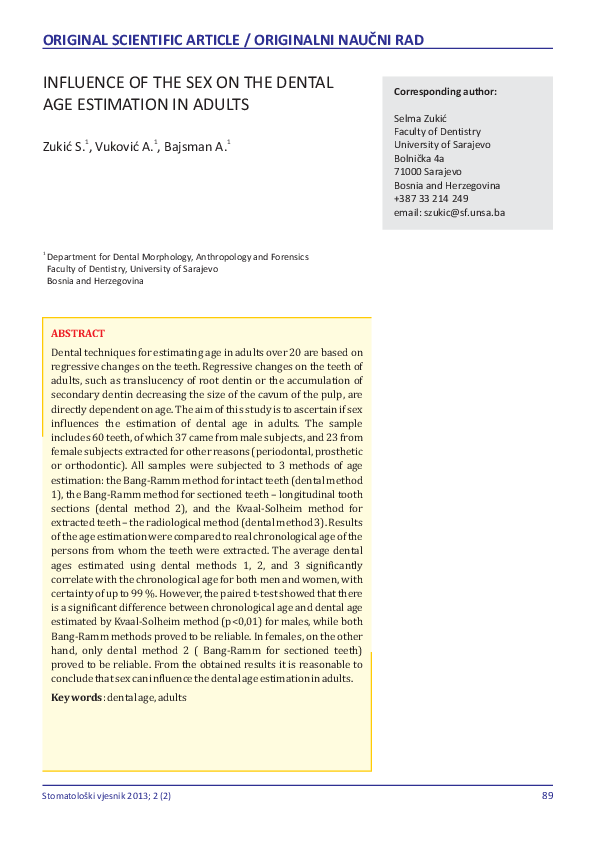 Pdf Influence Of The Sex On The Dental Age Estimation In Adults