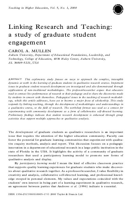 (PDF) Linking Research and Teaching: a study of graduate student engagement