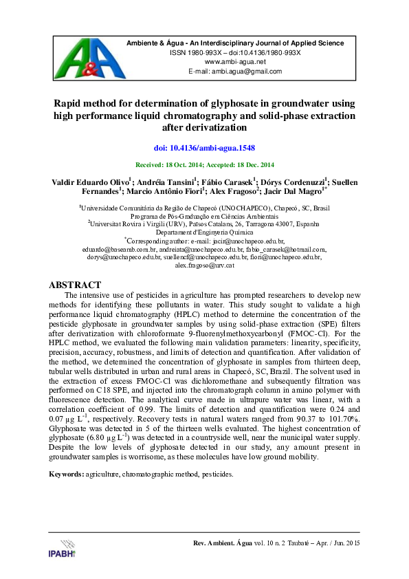 (PDF) Rapid method for determination of glyphosate in groundwater using ...