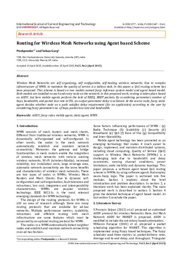 Pdf Routing For Wireless Mesh Networks Using Agent Based Scheme