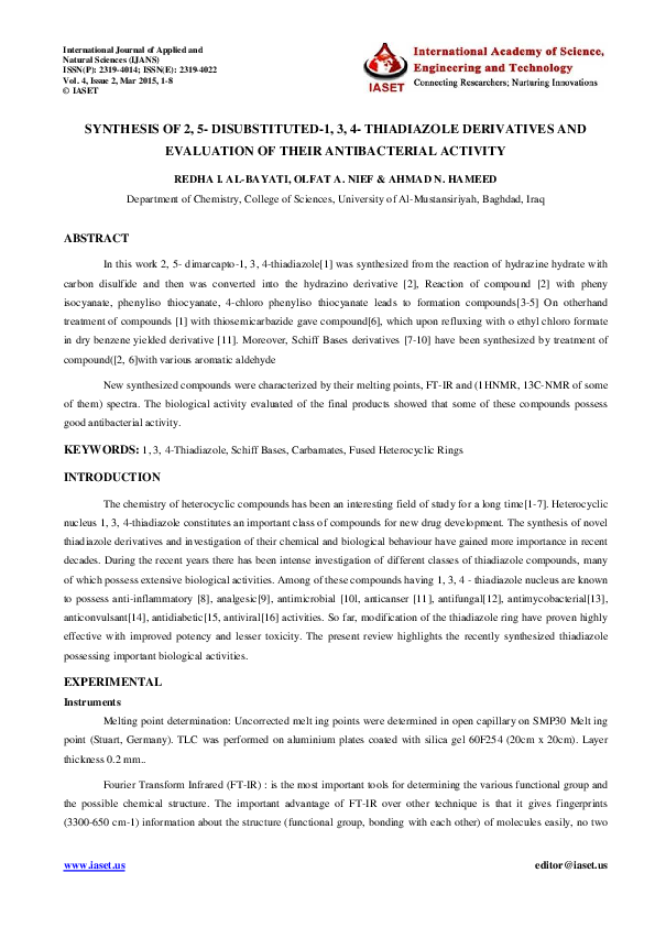 (PDF) SYNTHESIS OF 2, 5- DISUBSTITUTED-1, 3, 4- THIADIAZOLE DERIVATIVES AND EVALUATION OF THEIR ...