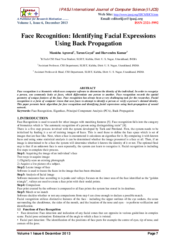 Pdf Face Recognition Identifying Facial Expressions Using Back