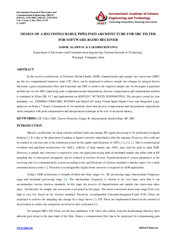 Pdf Design Of A Reconfigurable Pipelined Architecture For Src Filter For Software Radio Receiver