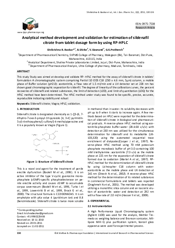 Pdf Analytical Method Development And Validation For Estimation Of Sildenafil Citrate From