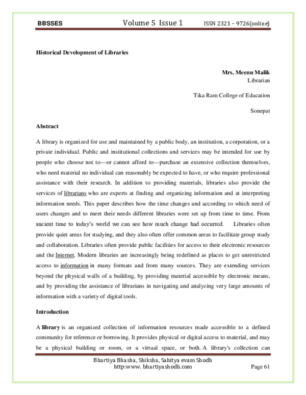 (PDF) Historical Development of Libraries