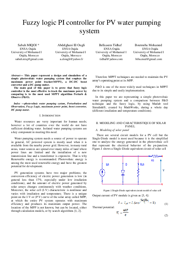 (PDF) Fuzzy logic PI controller for PV water pumping system