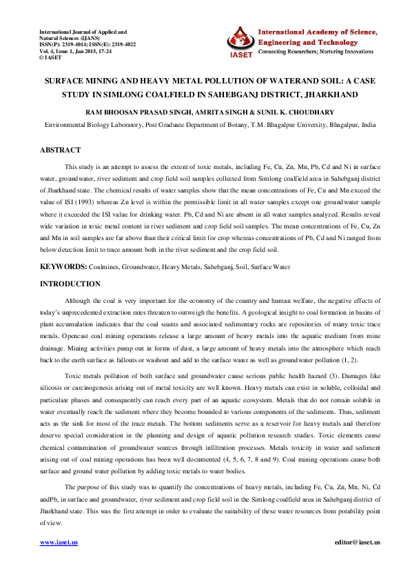 (PDF) SURFACE MINING AND HEAVY METAL POLLUTION OF WATER AND SOIL: A ...