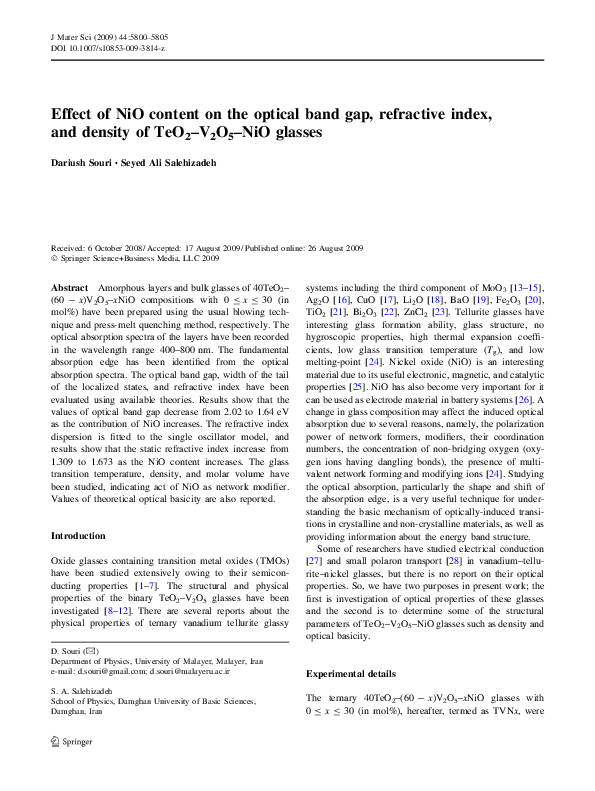 (PDF) Effect of NiO content on the optical band gap, refractive index ...