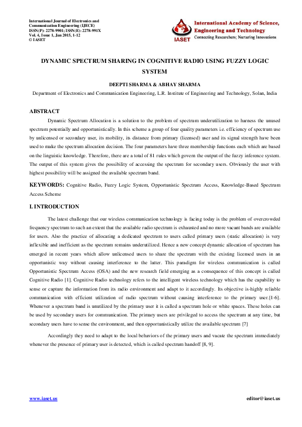 (PDF) DYNAMIC SPECTRUM SHARING IN COGNITIVE RADIO USING FUZZY LOGIC SYSTEM