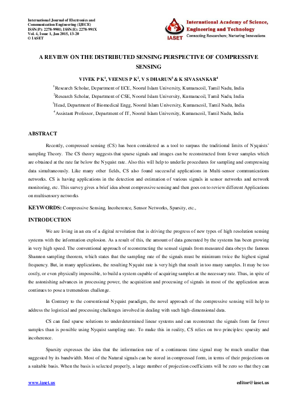 (PDF) A REVIEW ON THE DISTRIBUTED SENSING PERSPECTIVE OF COMPRESSIVE SENSING