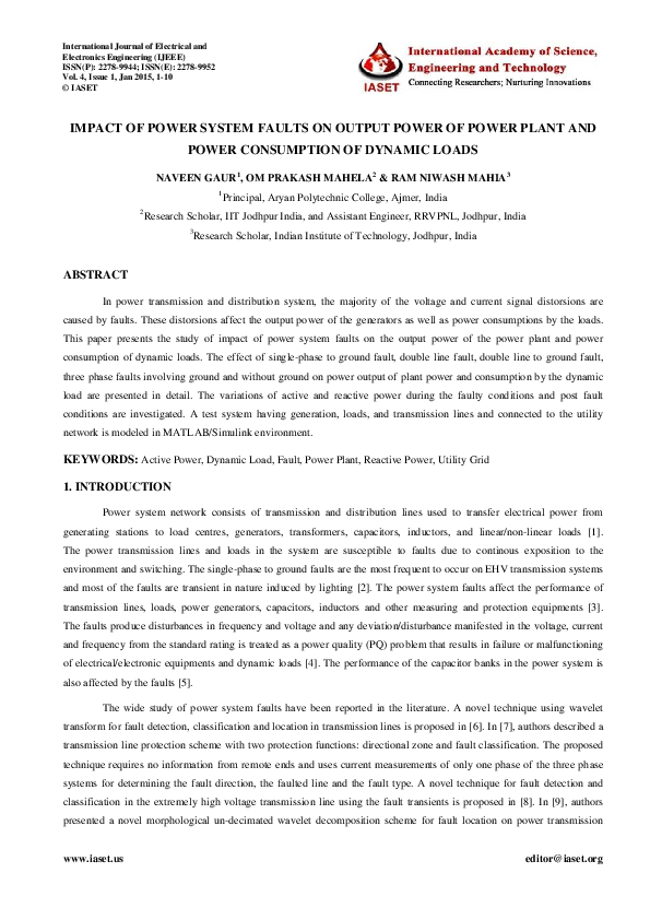 Pdf Impact Of Power System Faults On Output Power Of Power Plant And