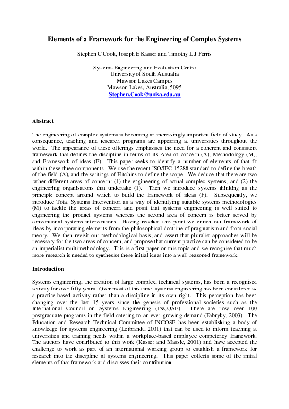 (PDF) Elements of a Framework for the Engineering of Complex Systems